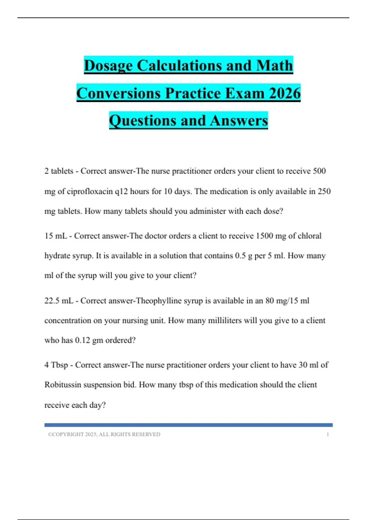 Dosage Calculations and Math Conversions Practice Exam 2026 Questions ...