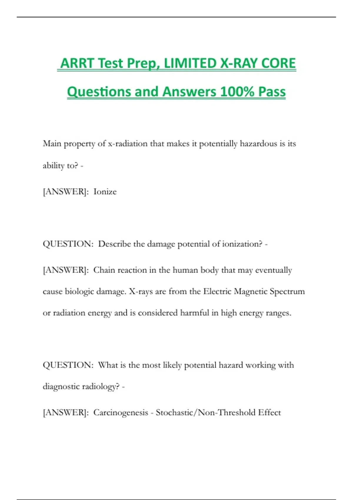 ARRT Test Prep, LIMITED X-RAY CORE Questions and Answers 100% Pass ...