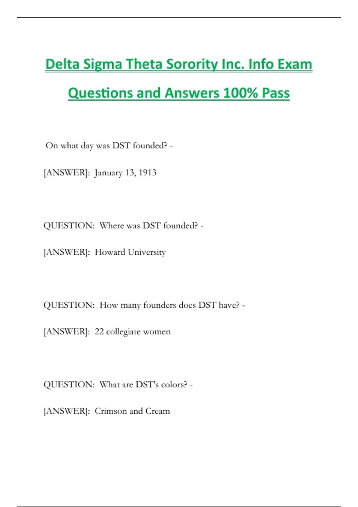 Delta Sigma Theta Sorority Inc. Info Exam Questions and Answers 100% ...