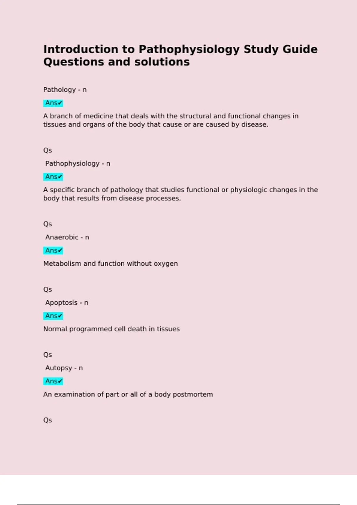 Introduction to Pathophysiology Study Guide Questions and solutions ...