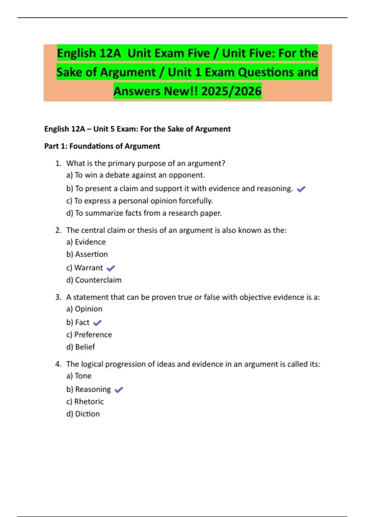 English 12A Unit Exam Five / Unit Five: For the Sake of Argument / Unit ...