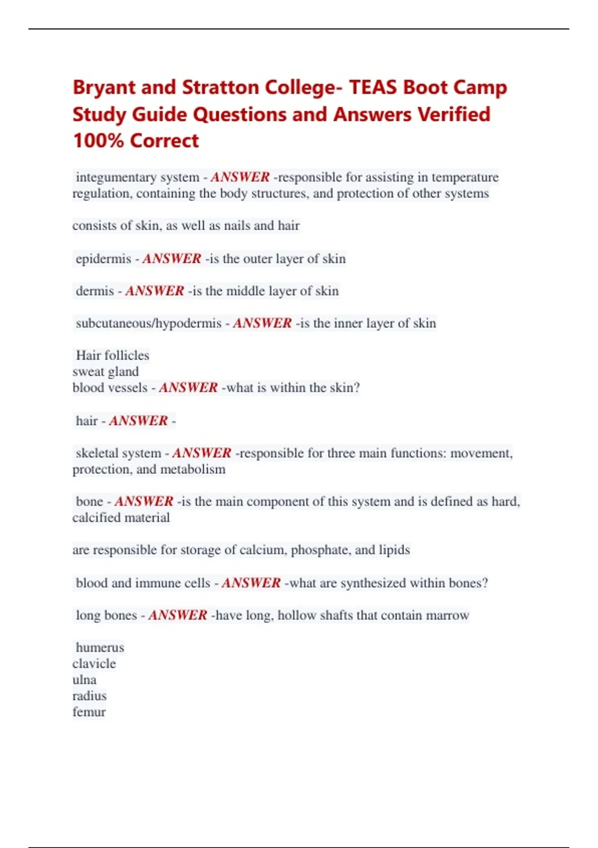 Bryant and Stratton College- TEAS Boot Camp Study Guide Questions and Answers Verified 100% ...