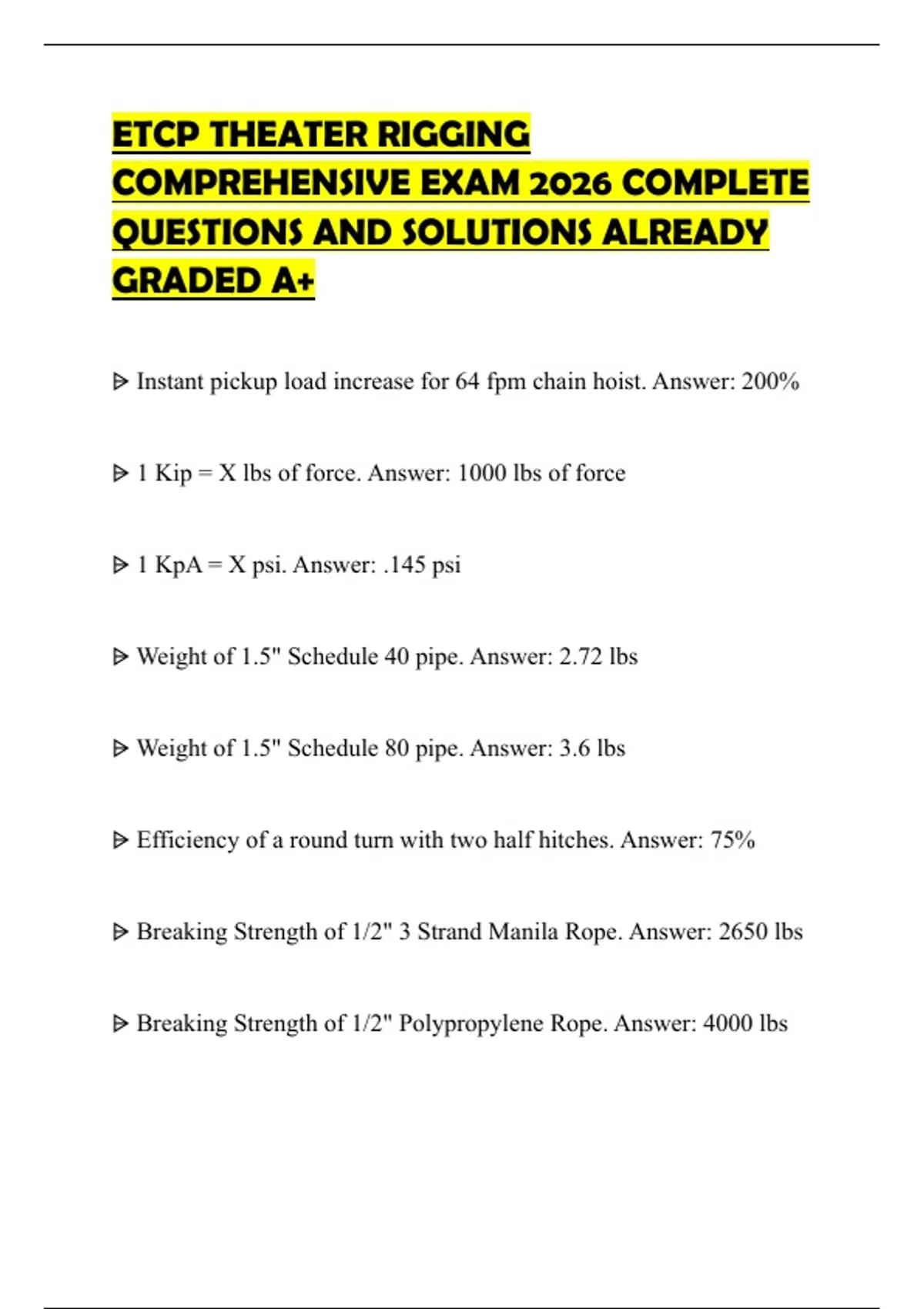 ETCP THEATER RIGGING COMPREHENSIVE EXAM 2026 COMPLETE QUESTIONS AND ...