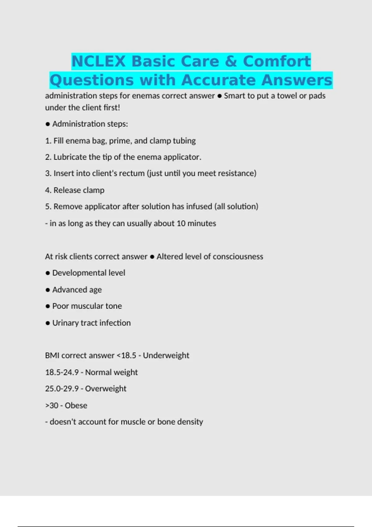 NCLEX Basic Care & Comfort Questions with Accurate Answers - Nursing ...