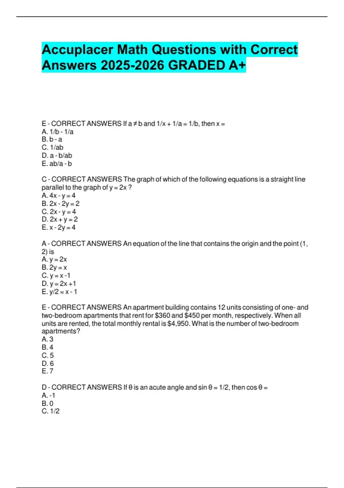 Accuplacer Math Questions with Correct Answers GRADED A+. - ACCUPLACER ...