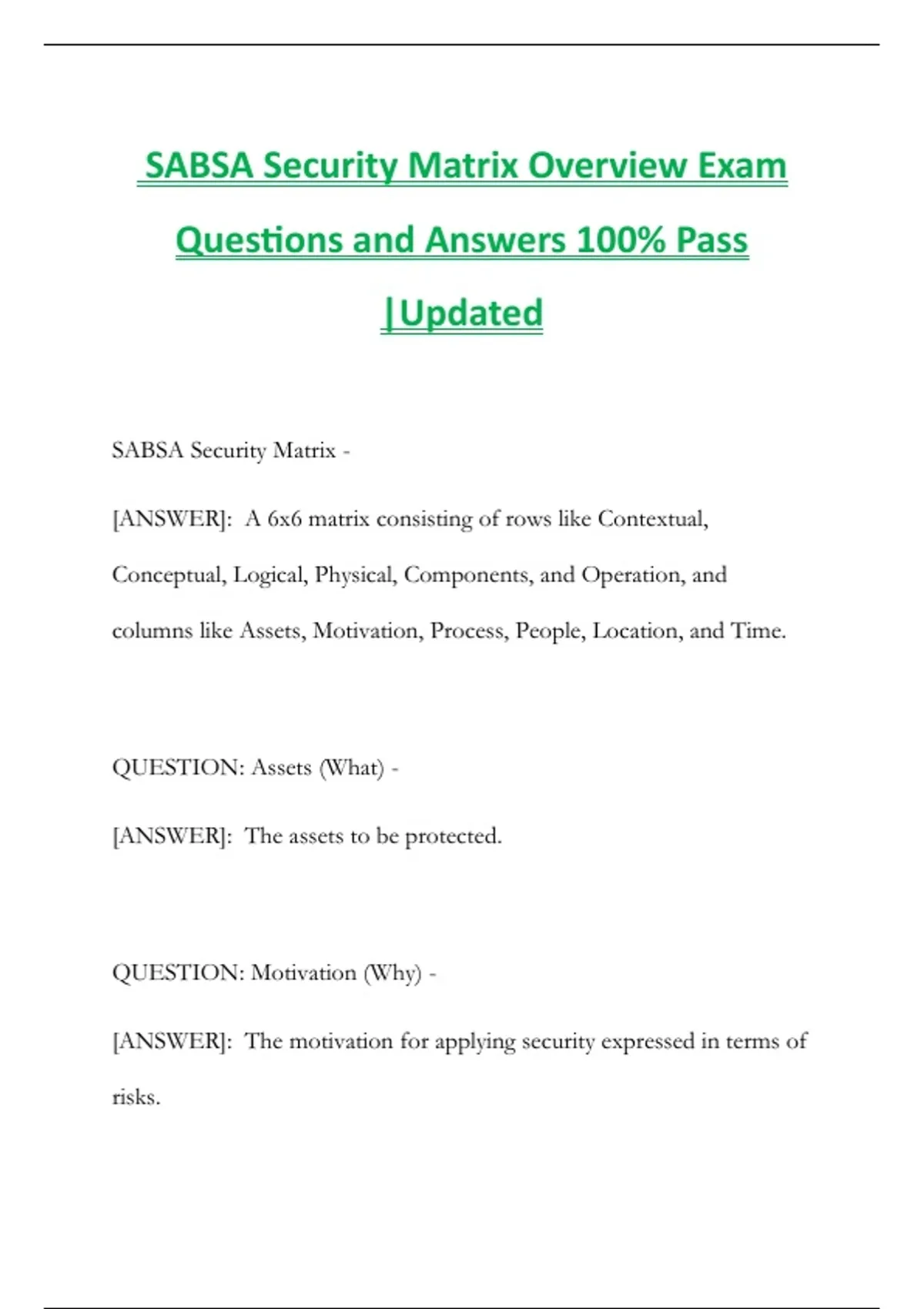 SABSA Security Matrix Overview Exam Questions and Answers 100% Pass ...