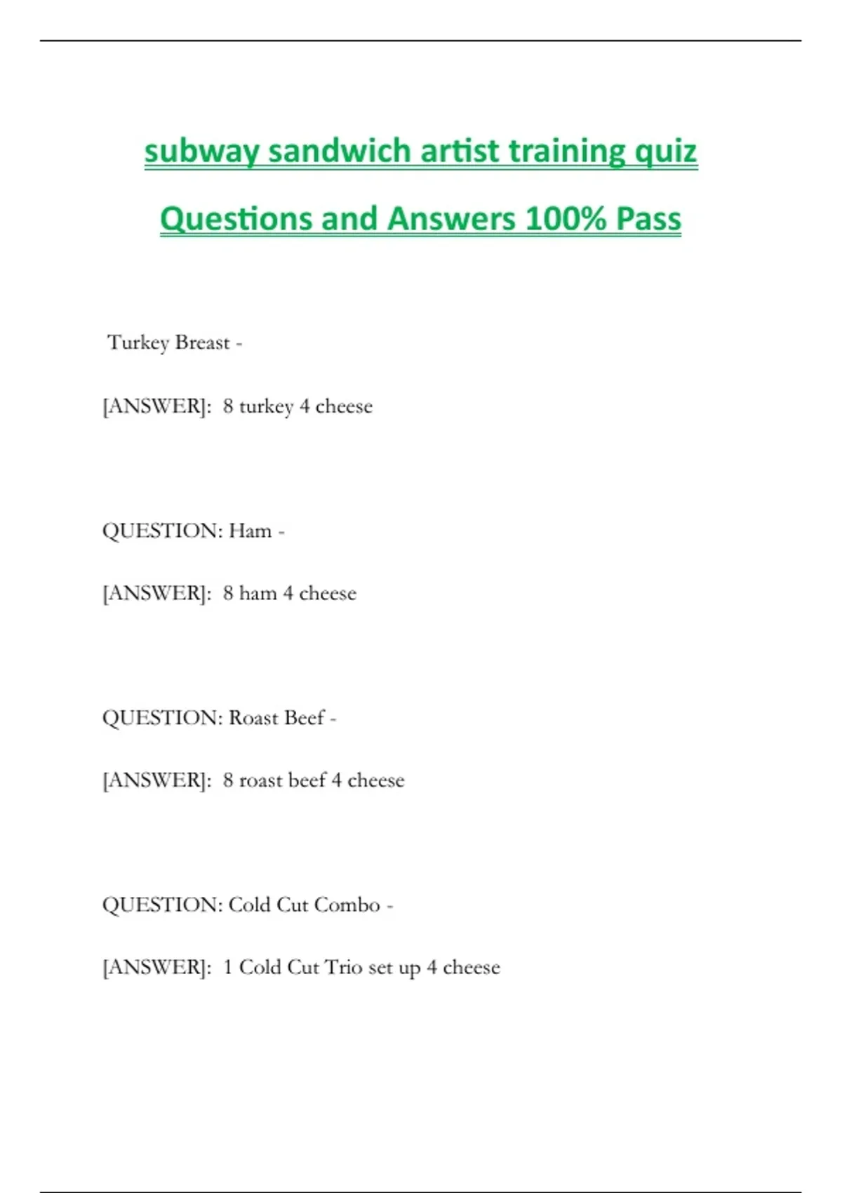 subway sandwich artist training quiz Questions and Answers 100% Pass ...