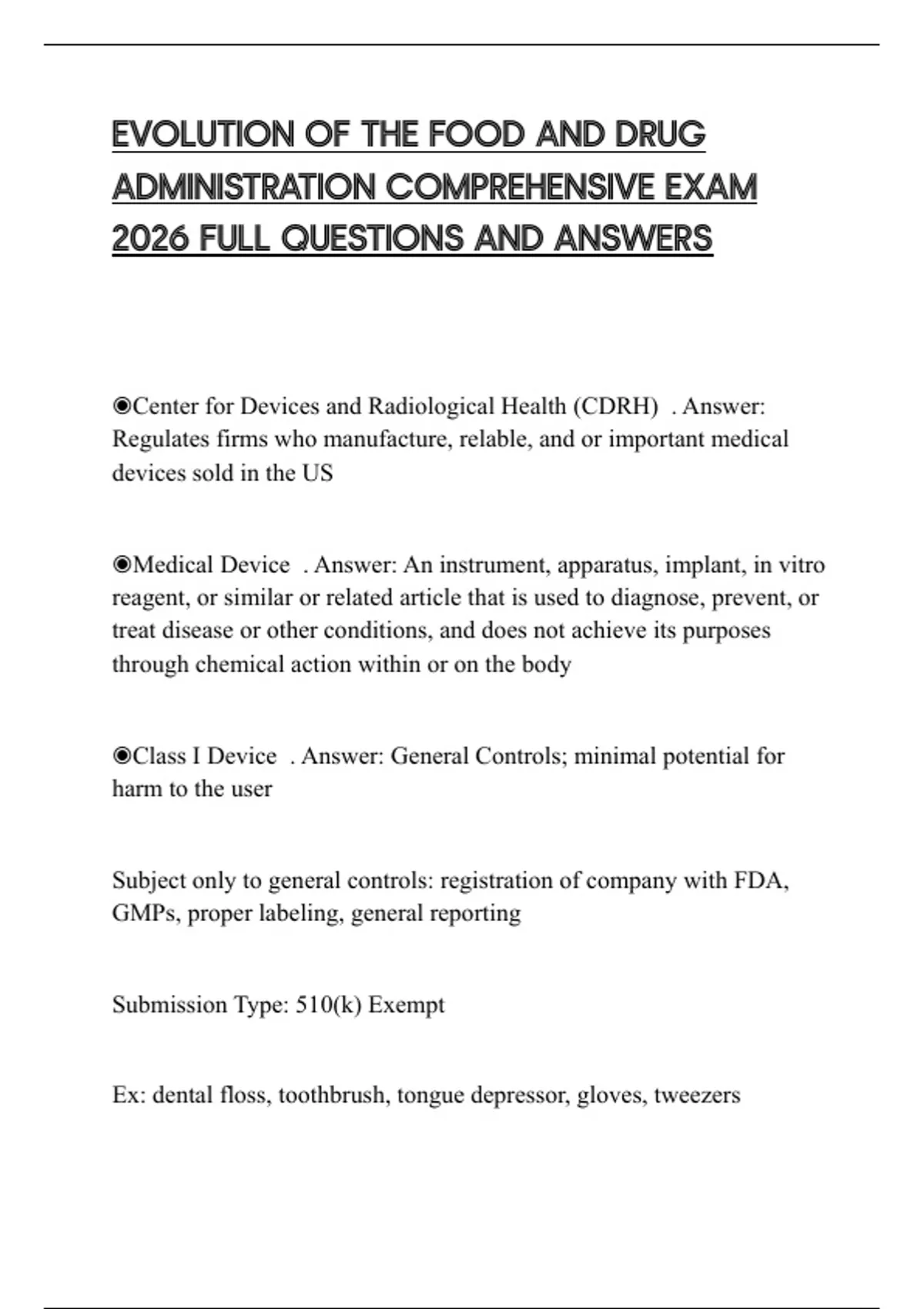 EVOLUTION OF THE FOOD AND DRUG ADMINISTRATION COMPREHENSIVE EXAM 2026 ...