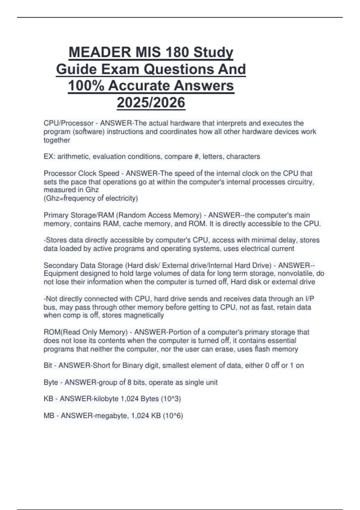 MEADER MIS 180 Study Guide Exam Questions And 100% Accurate Answers ...