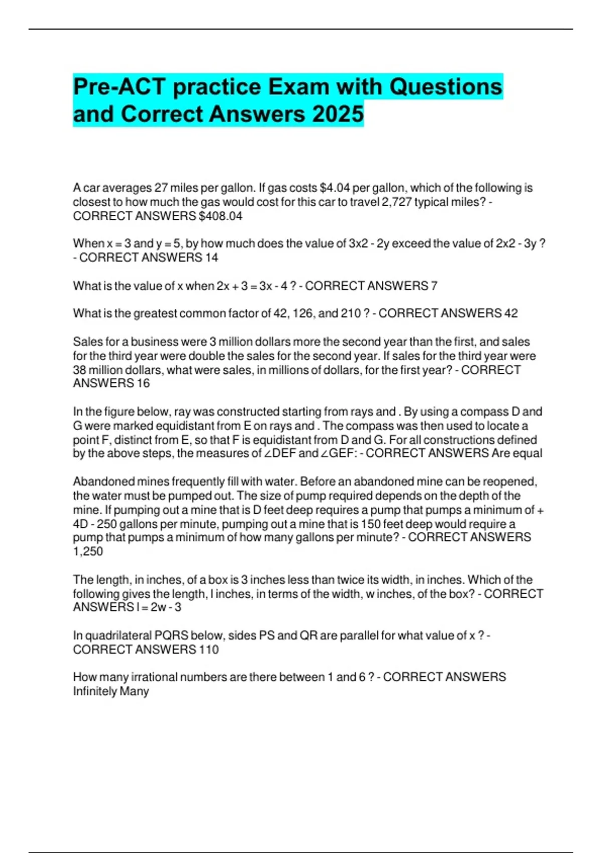 Pre-ACT practice Exam with Questions and Correct Answers 2025 - Pre-ACT ...