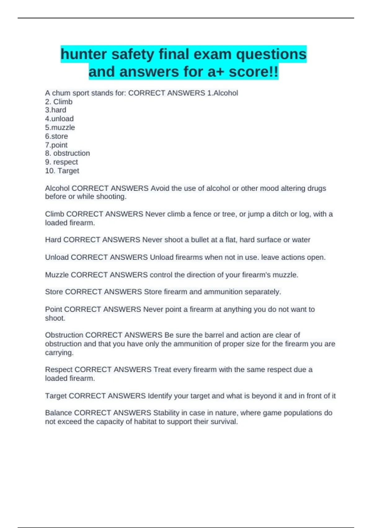 hunter safety final exam questions and answers for a+ score!! - Hunter ...