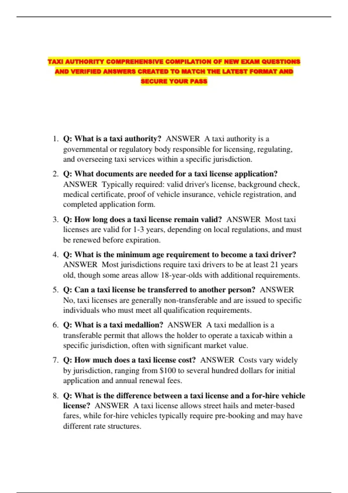 TAXI AUTHORITY COMPREHENSIVE COMPILATION OF NEW EXAM QUESTIONS AND ...