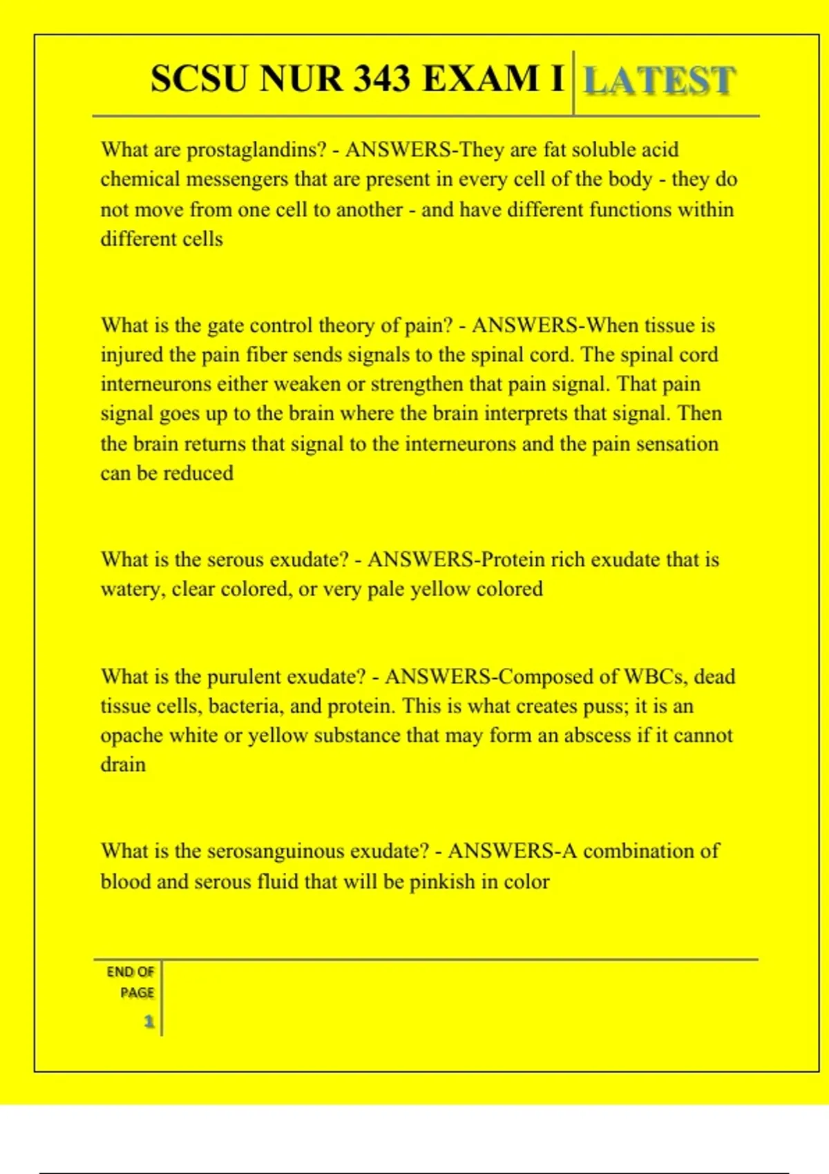 SCSU NUR 343 EXAM I QUESTIONS AND ANSWERS 2025 - SCSU NUR 343 - Stuvia US