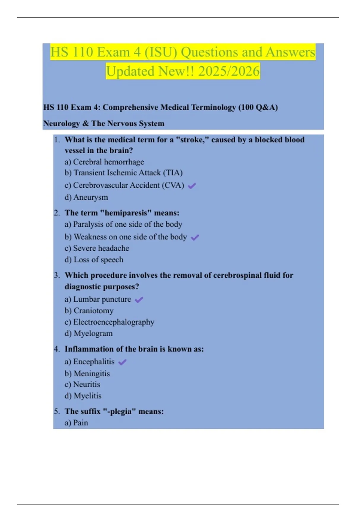 HS 110 Exam 4 (ISU) Questions and Answers Updated New!! 2025/2026 ...