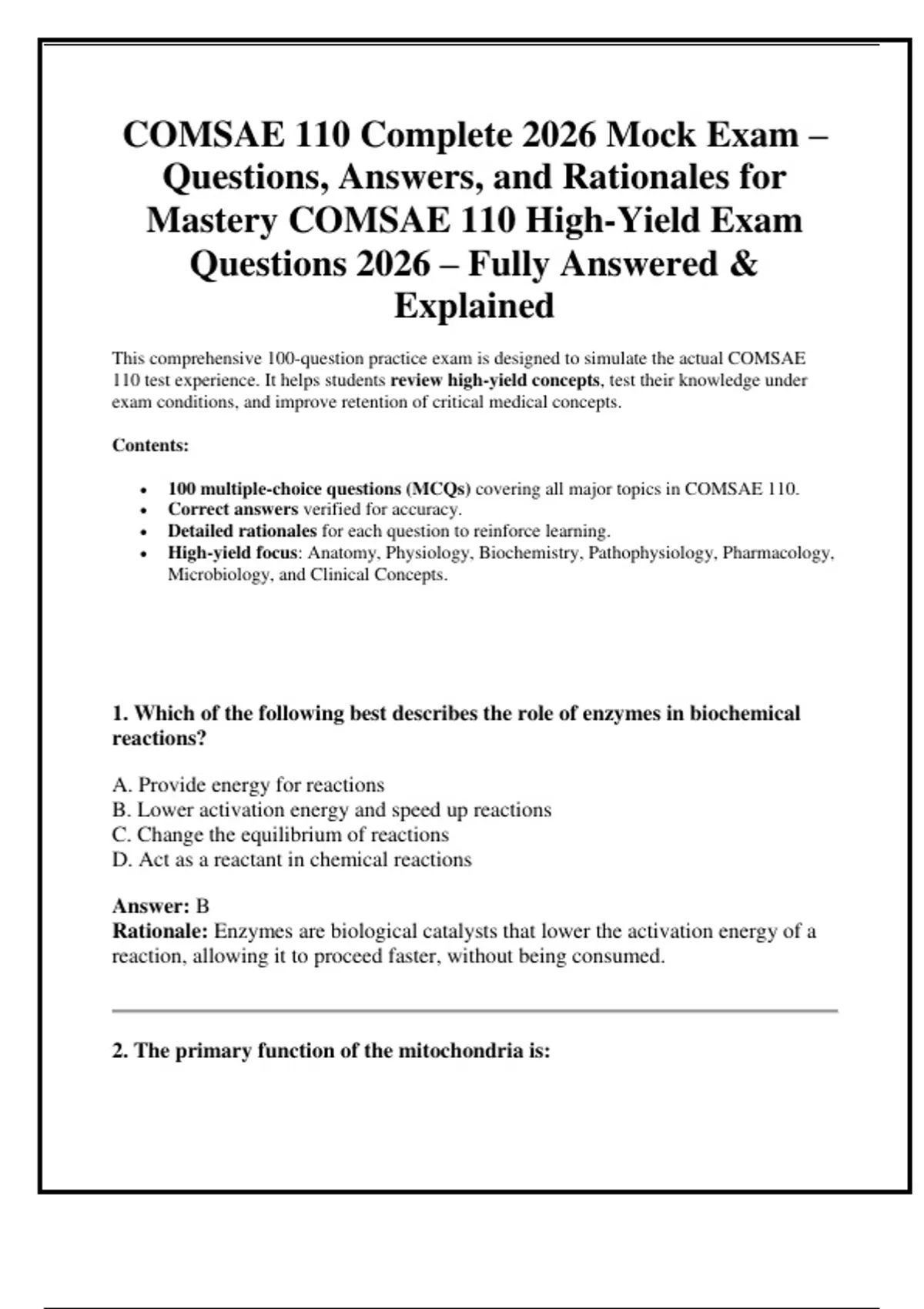 COMSAE 110 Complete 2026 Mock Exam – Questions, Answers, and Rationales ...