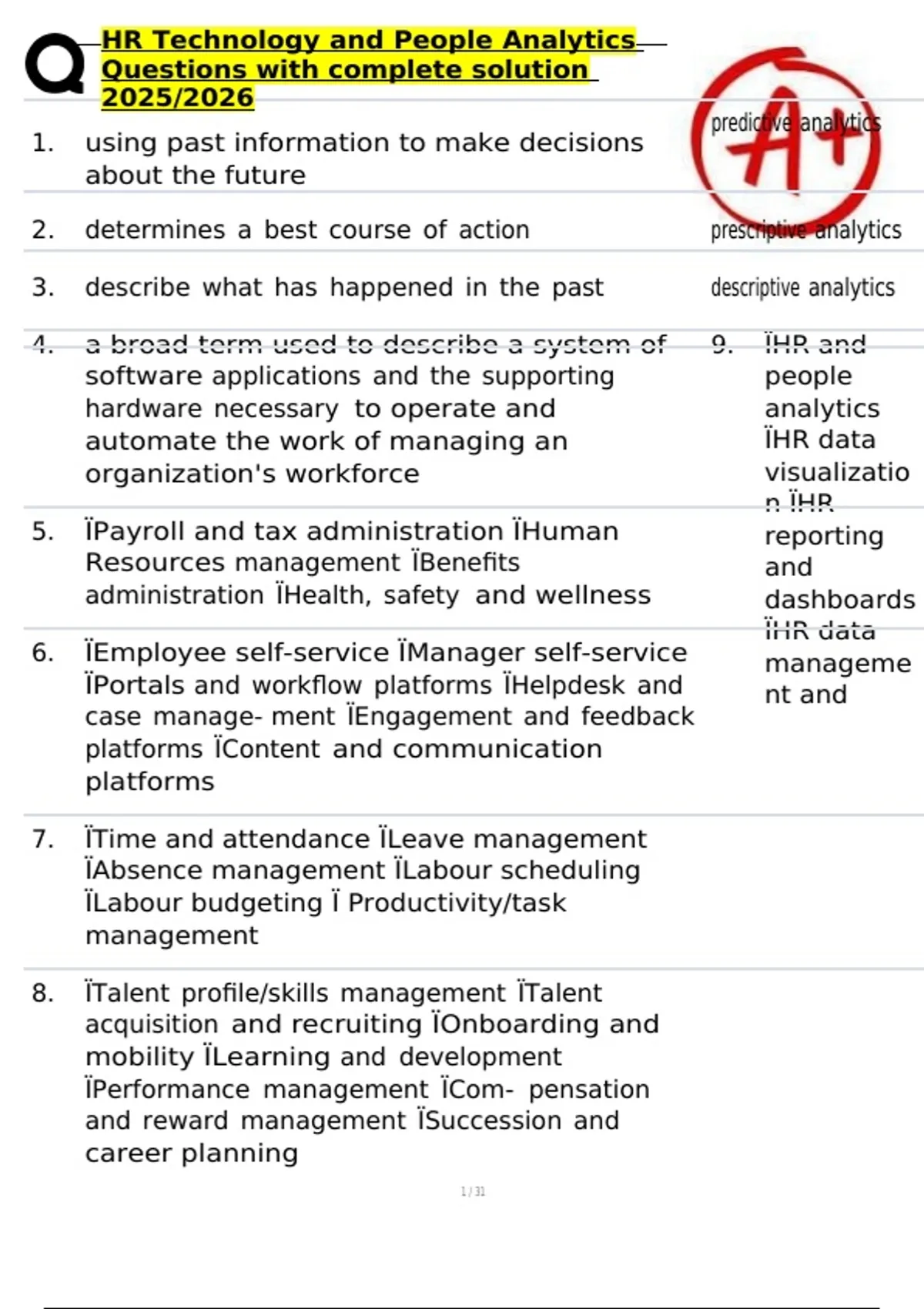 HR Technology and People Analytics Questions with complete solution ...