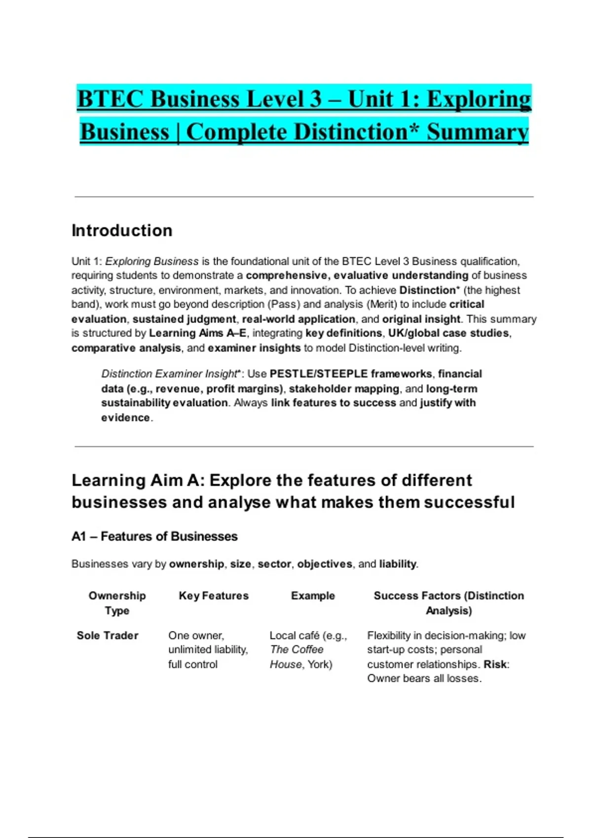BTEC Business Level 3 – Unit 1: Exploring Business | Complete ...