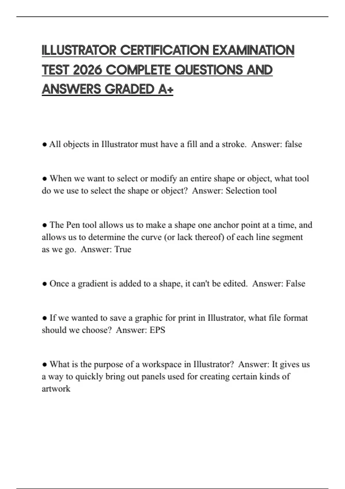 ILLUSTRATOR CERTIFICATION EXAMINATION TEST 2026 COMPLETE QUESTIONS AND ...