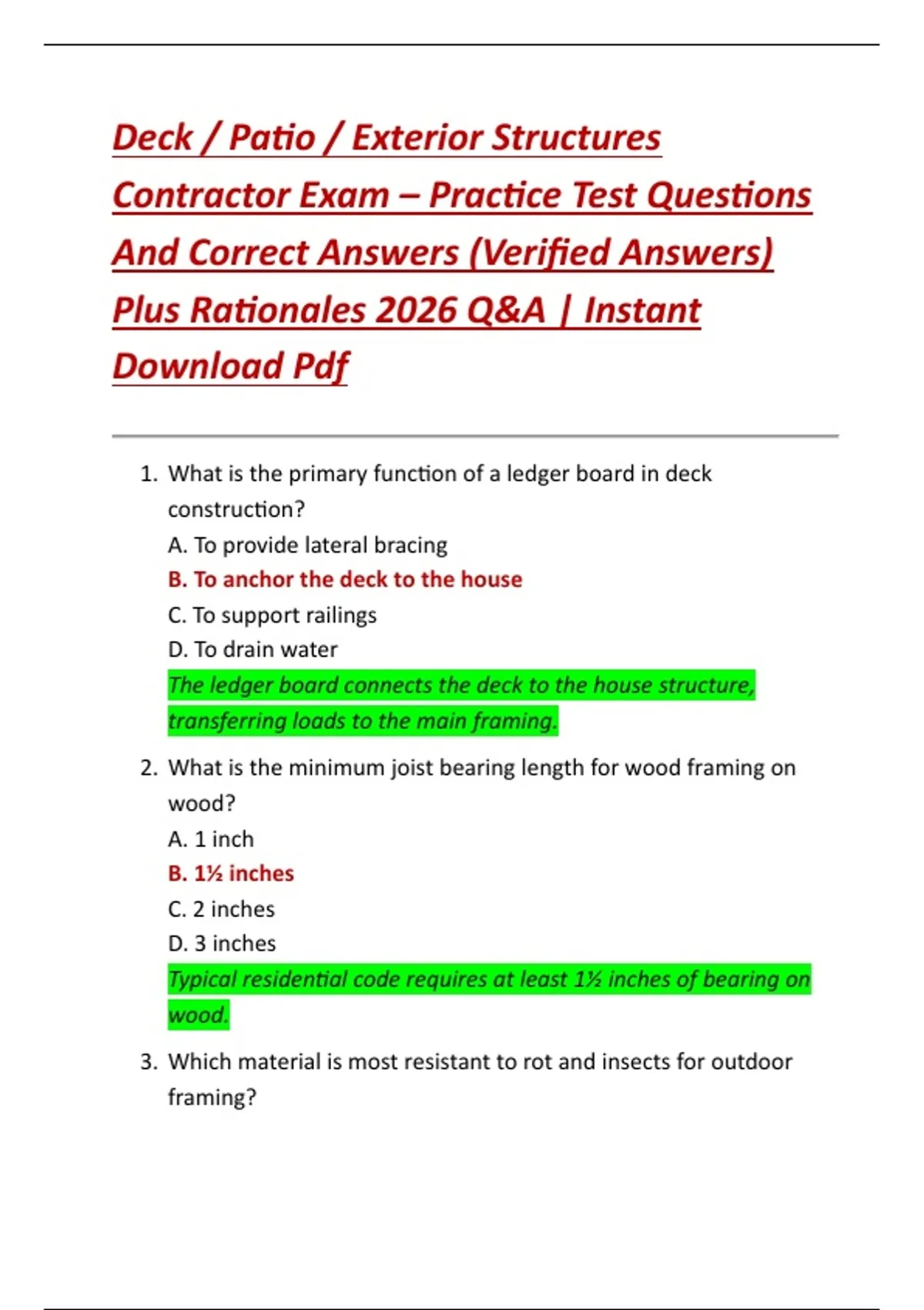 Deck / Patio / Exterior Structures Contractor Exam – Practice Test ...