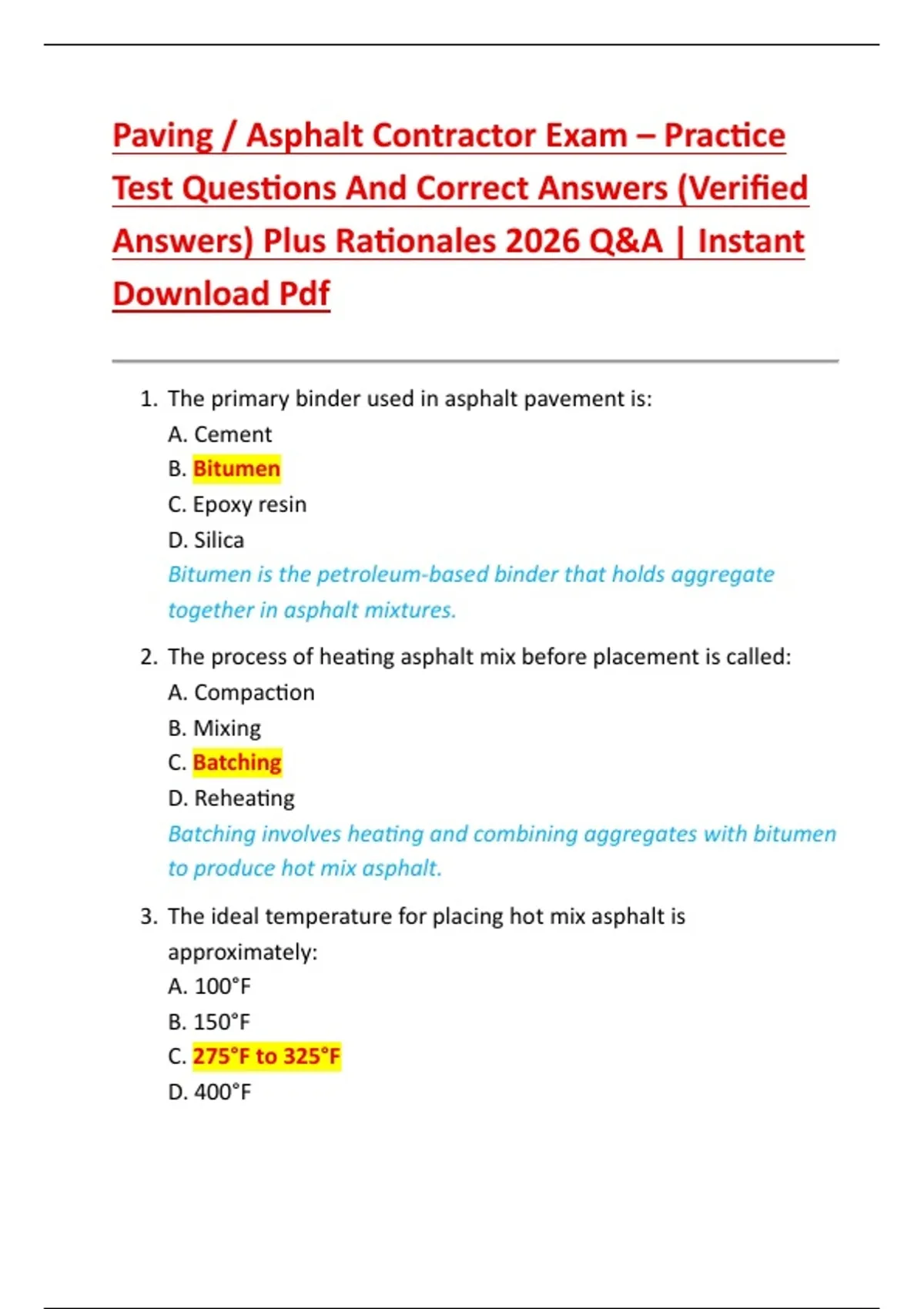 Paving / Asphalt Contractor Exam – Practice Test Questions And Correct ...