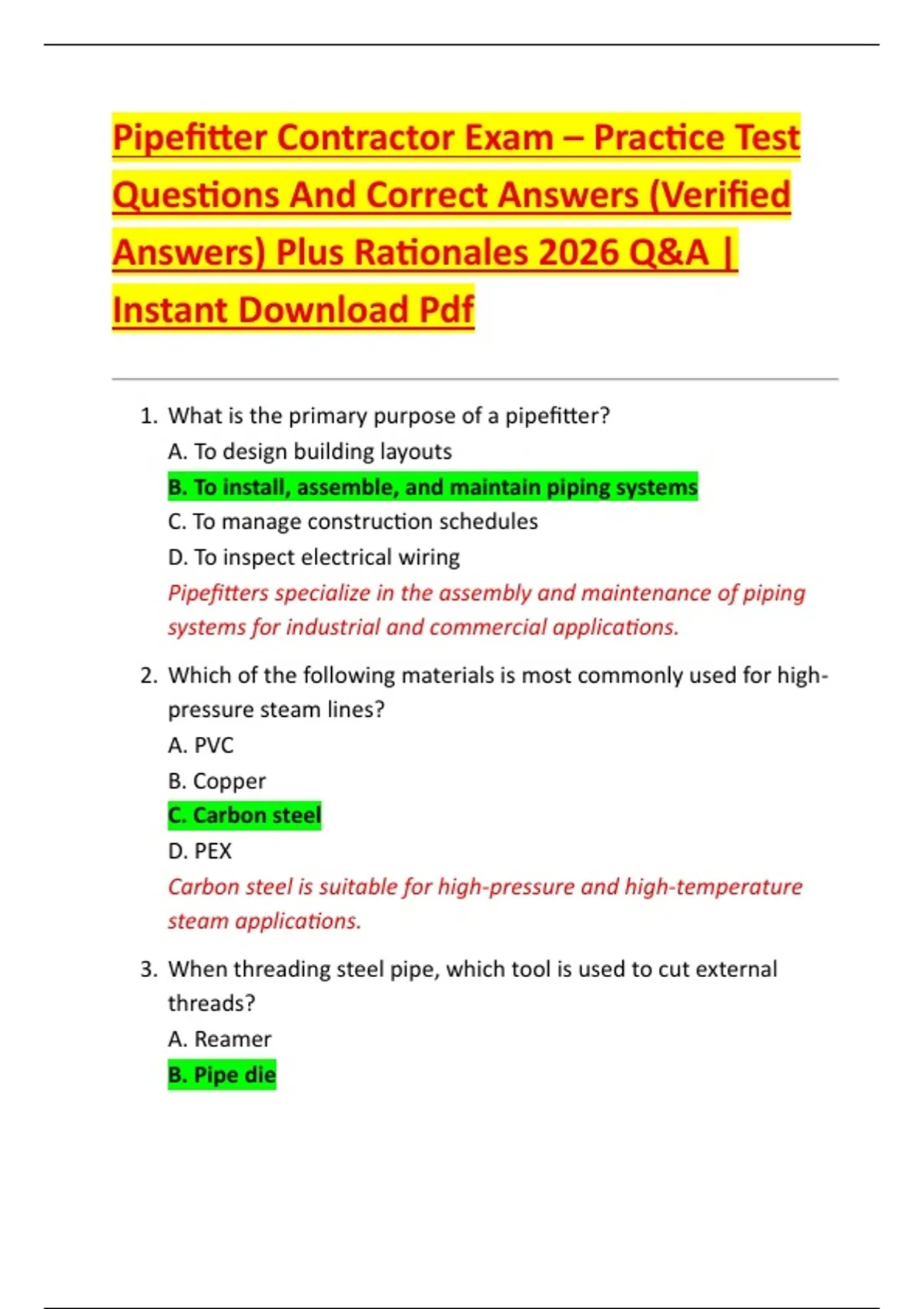 Pipefitter Contractor Exam – Practice Test Questions And Correct ...