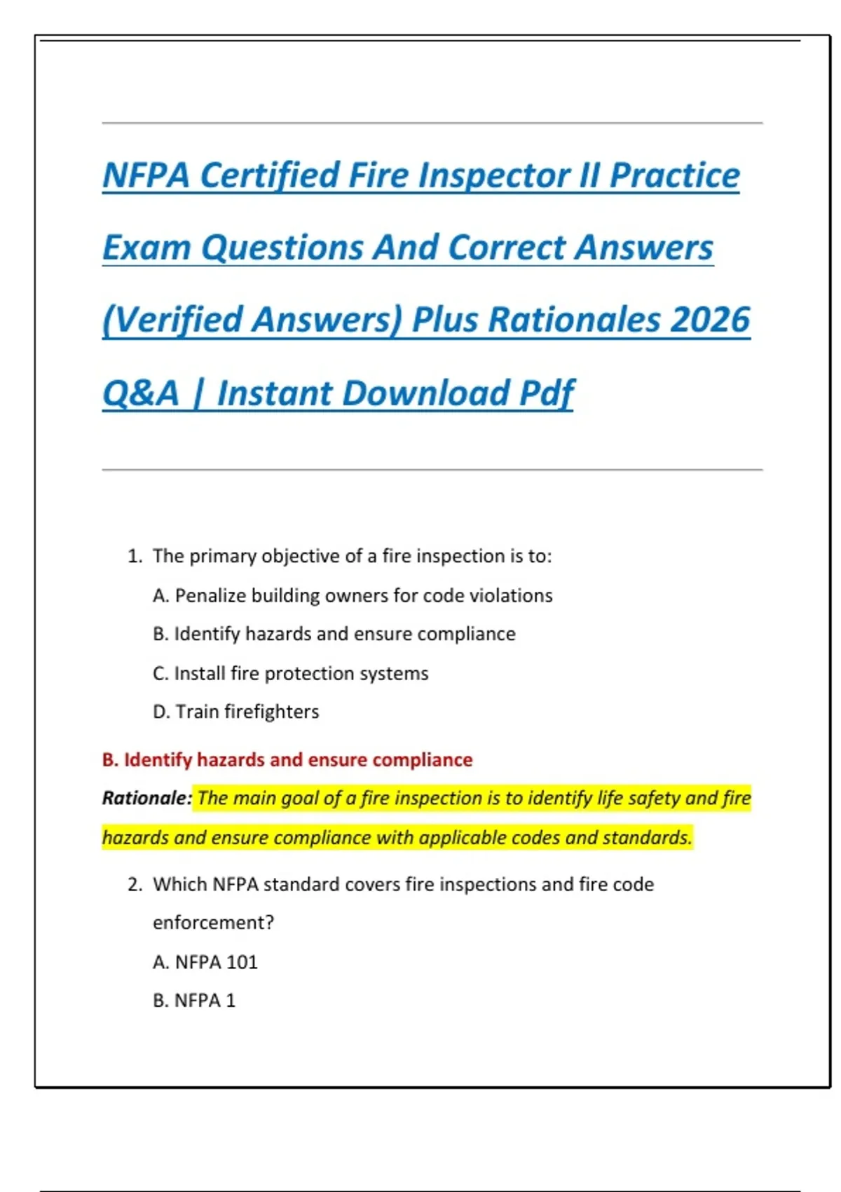NFPA Certified Fire Inspector II Practice Exam Questions And Correct ...