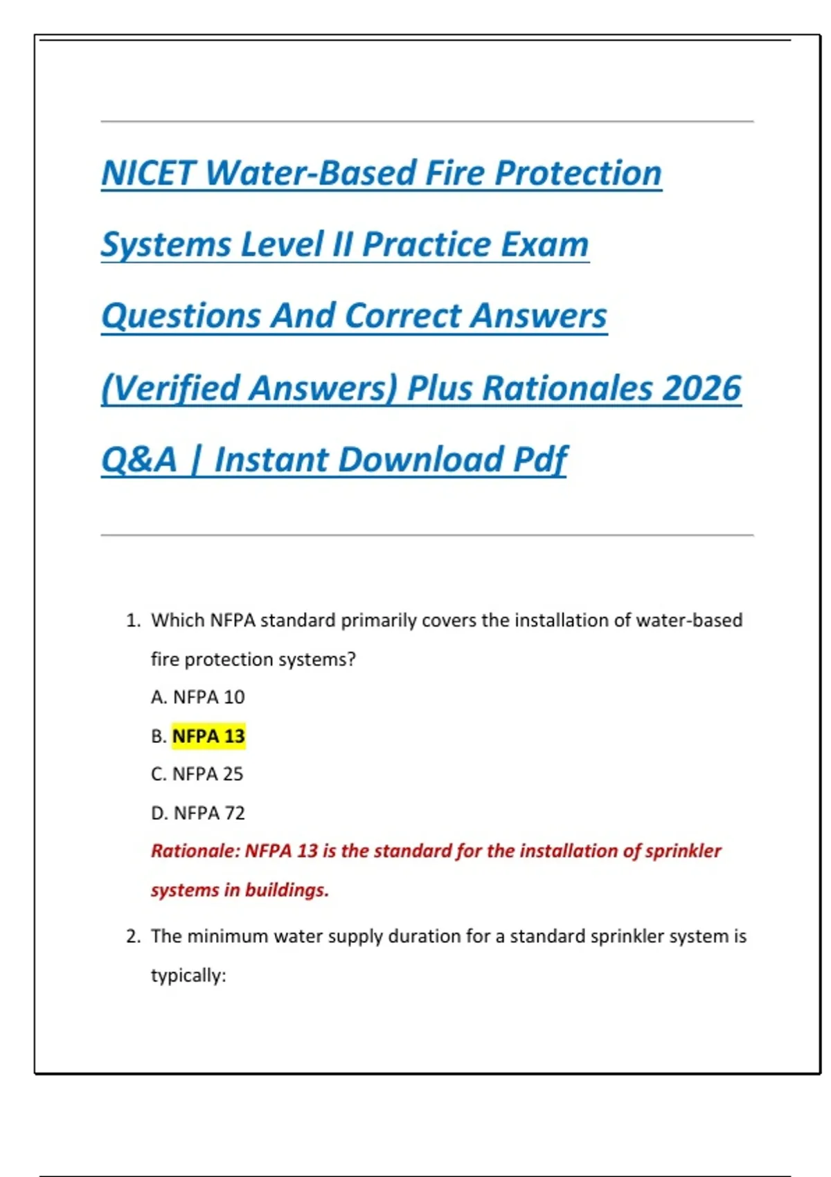 NICET Water-Based Fire Protection Systems Level II Practice Exam ...