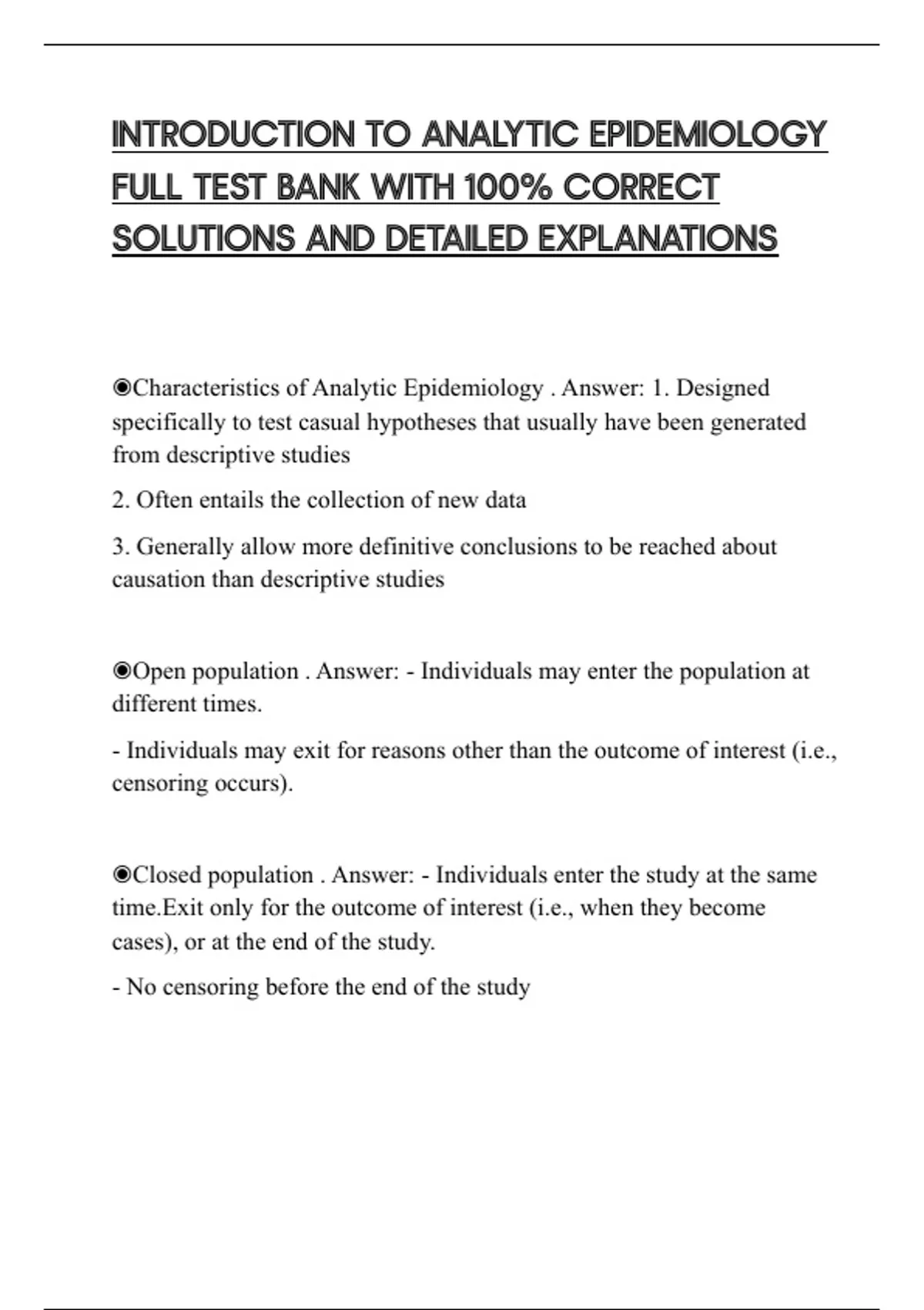 INTRODUCTION TO ANALYTIC EPIDEMIOLOGY FULL TEST BANK WITH 100% CORRECT ...