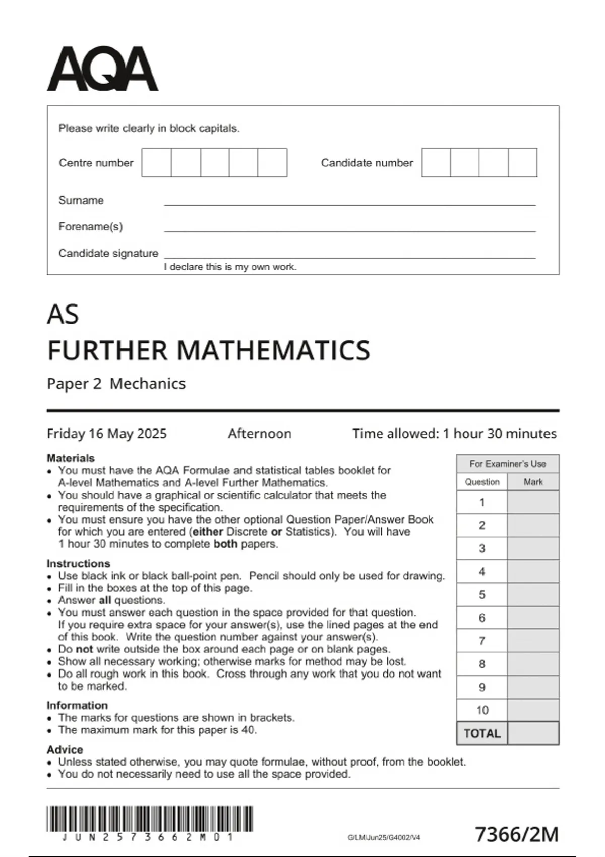 2025 AQA AS LEVEL FURTHER MATHEMATICS Paper 2 2025 QUESTION PAPER ...