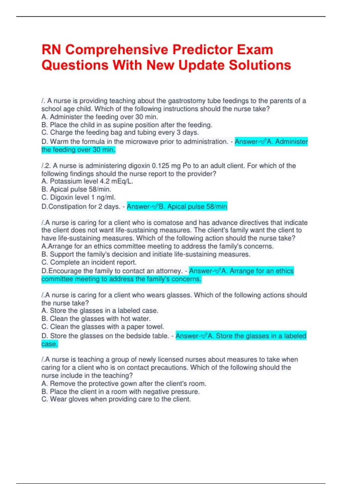 RN Comprehensive Predictor Exam Questions With New Update Solutions ...