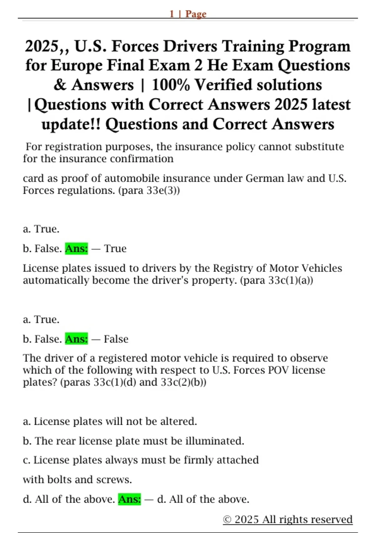 2025,, U.S. Forces Drivers Training Program for Europe Final Exam 2 He ...