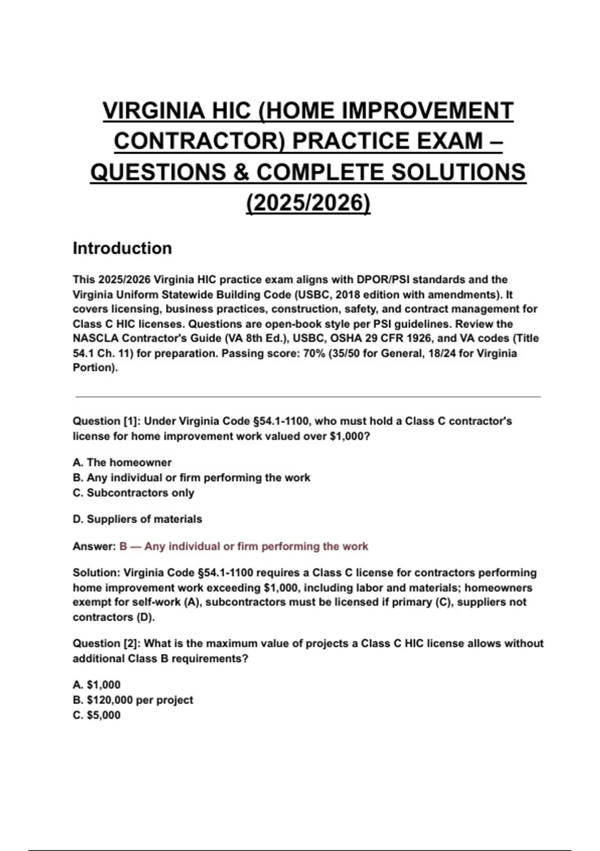 Virginia HIC (Home Improvement Contractor) Practice Exam – Questions ...