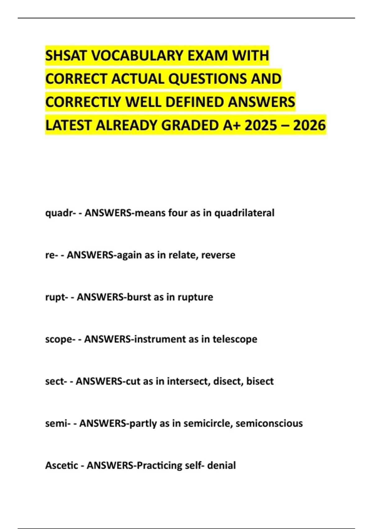 SHSAT VOCABULARY EXAM WITH CORRECT ACTUAL QUESTIONS AND CORRECTLY WELL ...