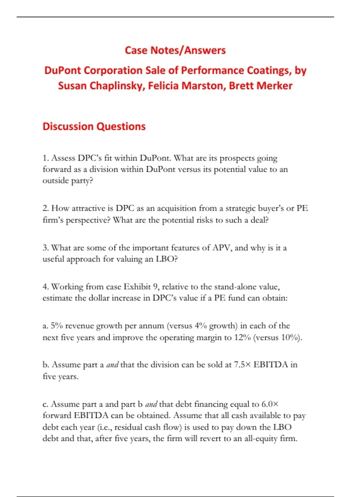 Case Notes/Answers DuPont Corporation Sale of Performance Coatings, by ...