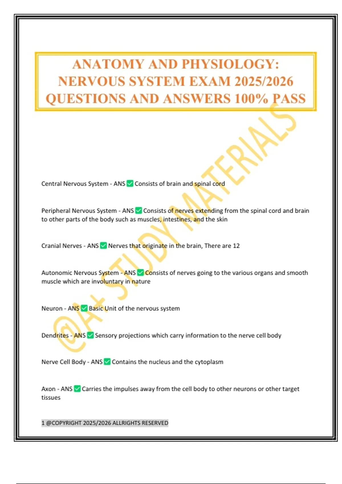 ANATOMY AND PHYSIOLOGY: NERVOUS SYSTEM EXAM 2025/2026 QUESTIONS AND ANSWERS 100% PASS - ANATOMY ...