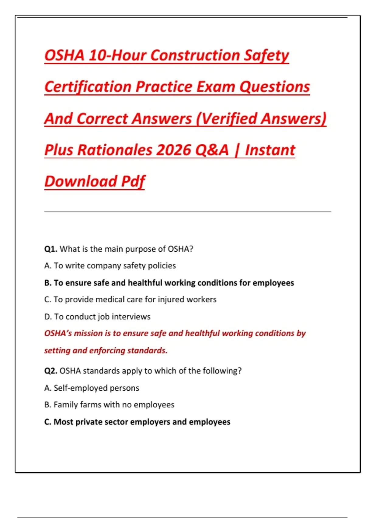 OSHA 10-Hour Construction Safety Certification Practice Exam Questions ...