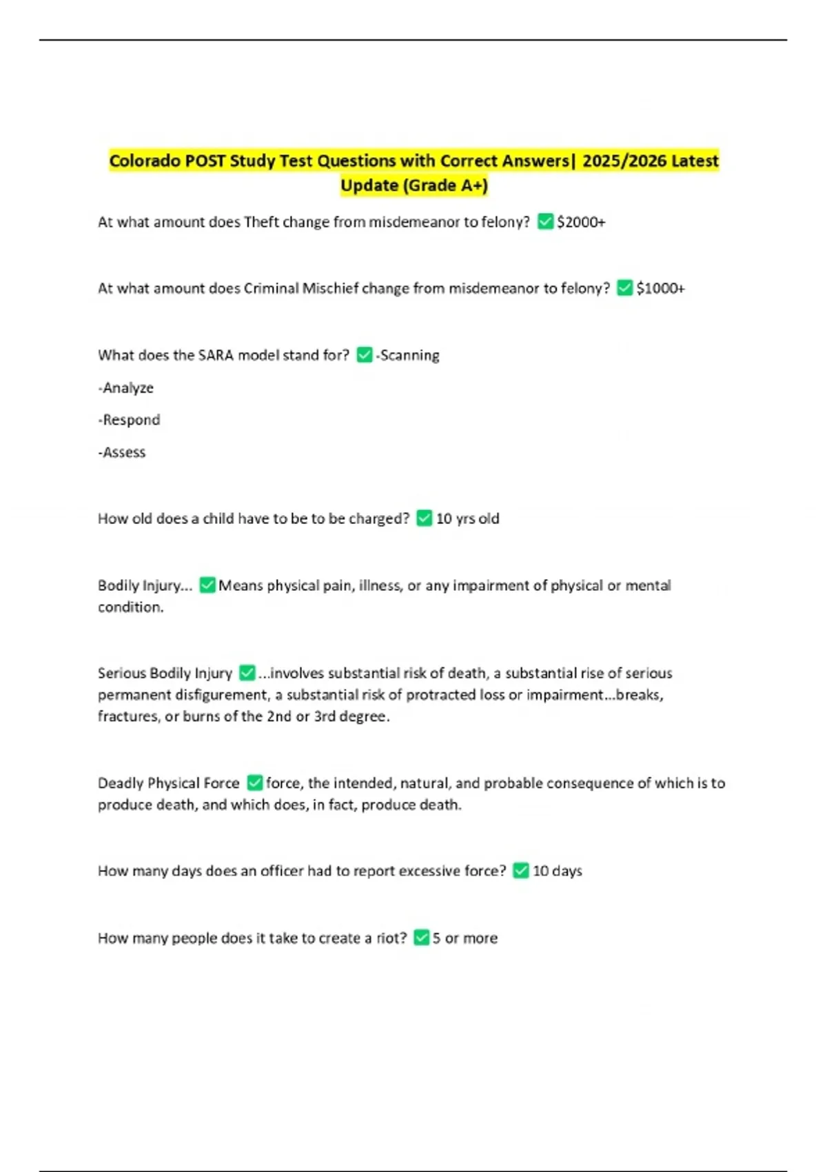 Colorado POST Study Test Questions with Correct Answers| 2025/2026 ...