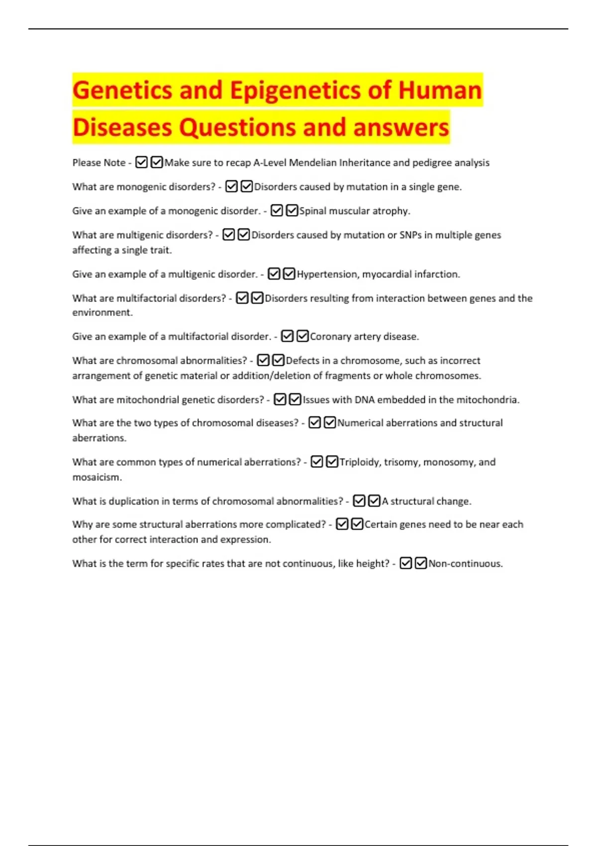Genetics and Epigenetics of Human Diseases Questions and answers ...