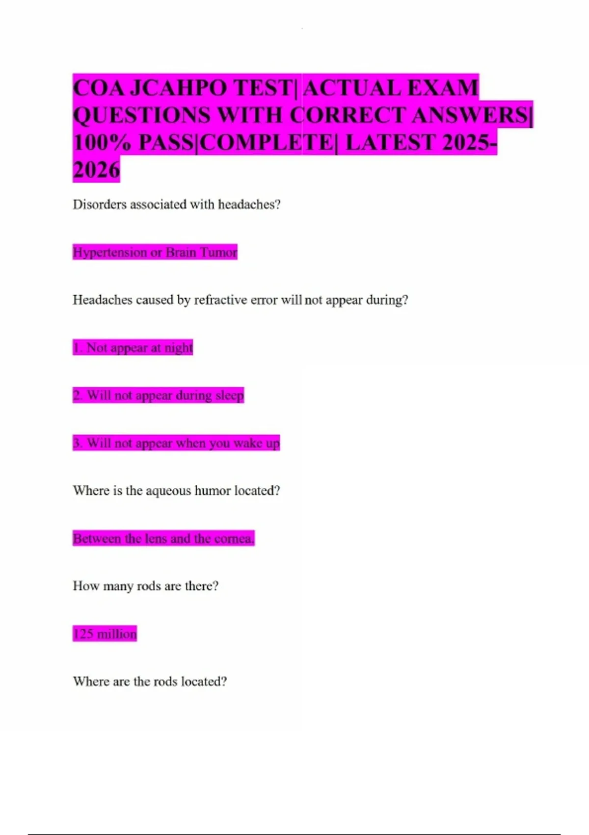 COA JCAHPO TEST| ACTUAL EXAM QUESTIONS WITH CORRECT ANSWERS| 100% PASS ...