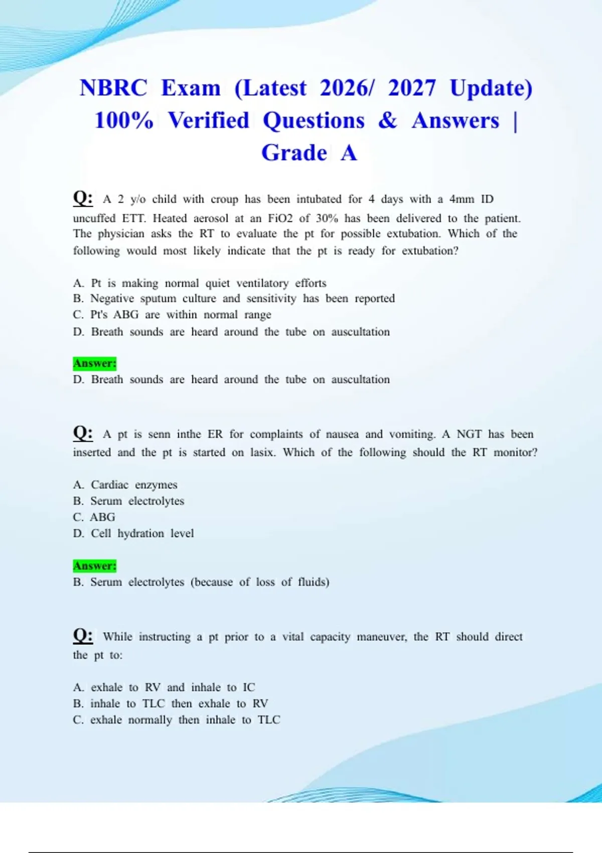 NBRC Exam (Latest 2026/ 2027 Update) 100% Verified Questions & Answers ...