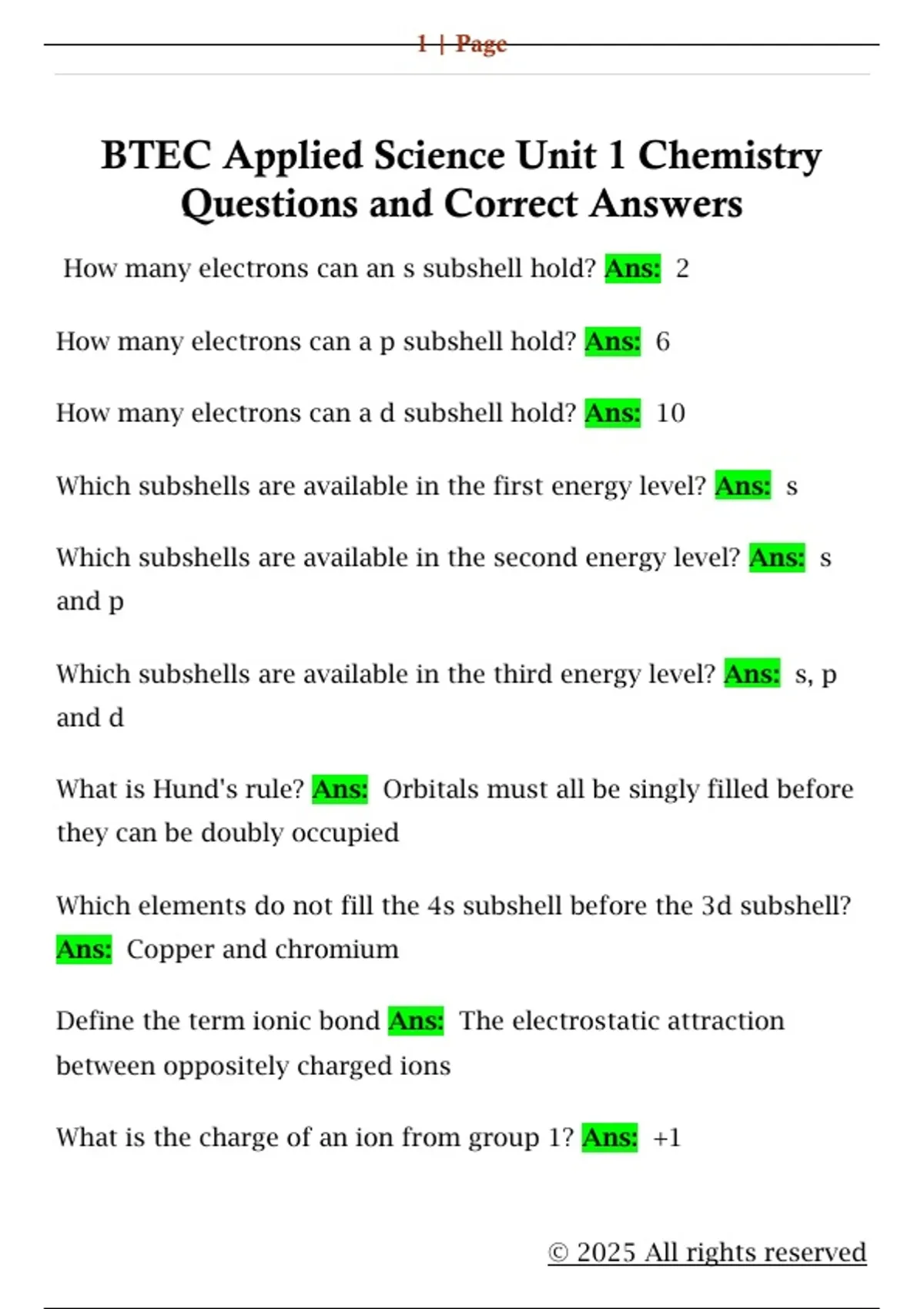 BTEC Applied Science Unit 1 Chemistry Questions and Correct Answers ...