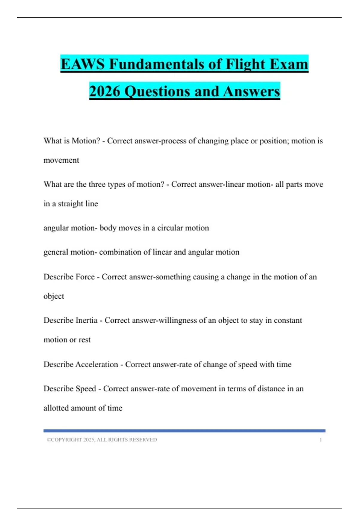 EAWS Fundamentals of Flight Exam 2026 Questions and Answers - EAWS ...