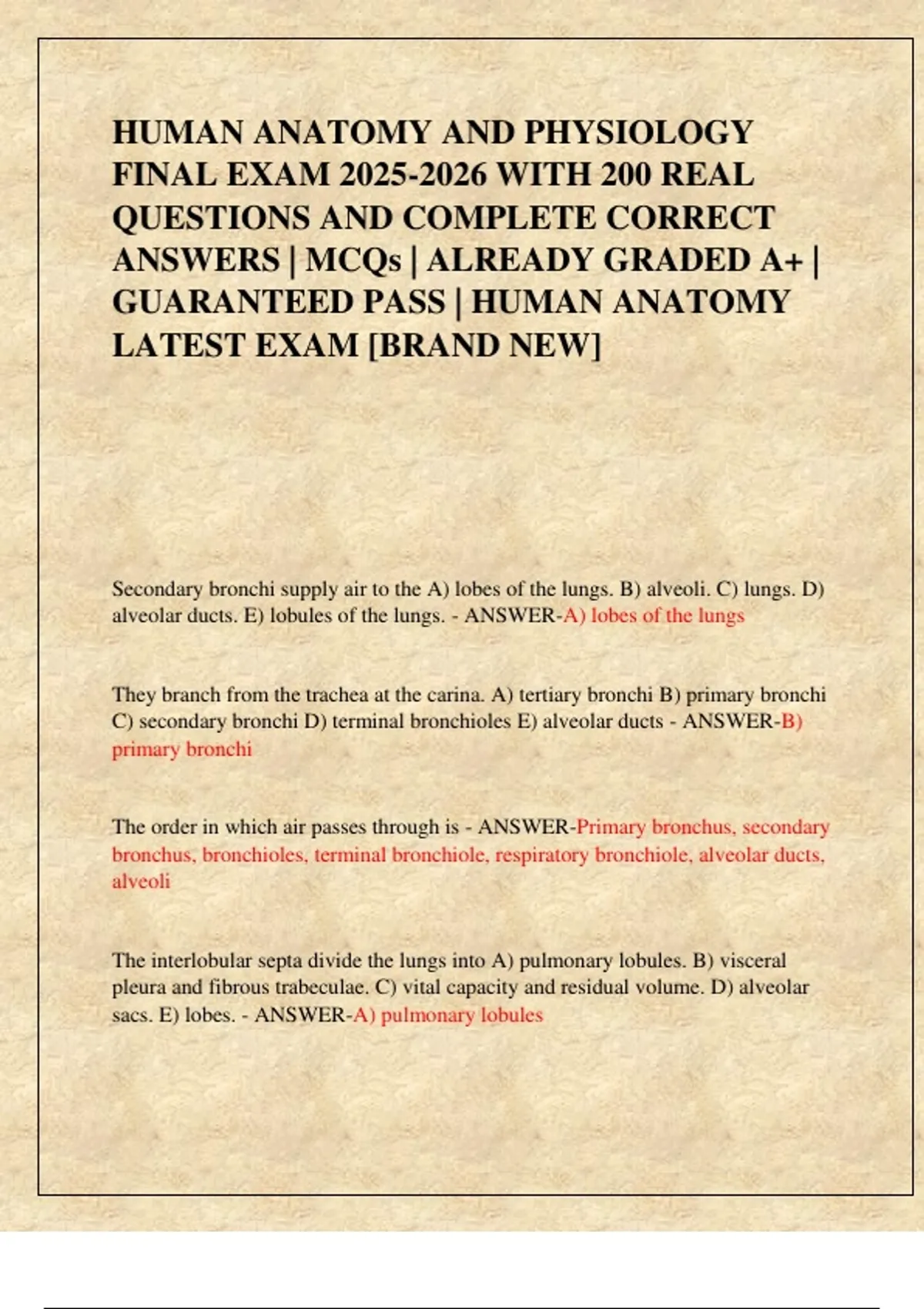 HUMAN ANATOMY AND PHYSIOLOGY FINAL EXAM WITH 200 REAL QUESTIONS AND ...