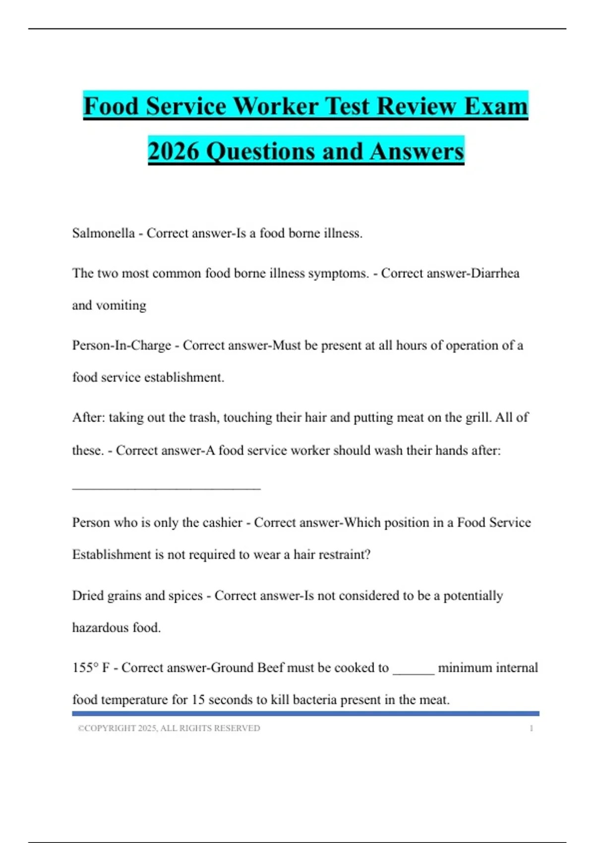 Food Service Worker Test Review Exam 2026 Questions and Answers - EAW ...
