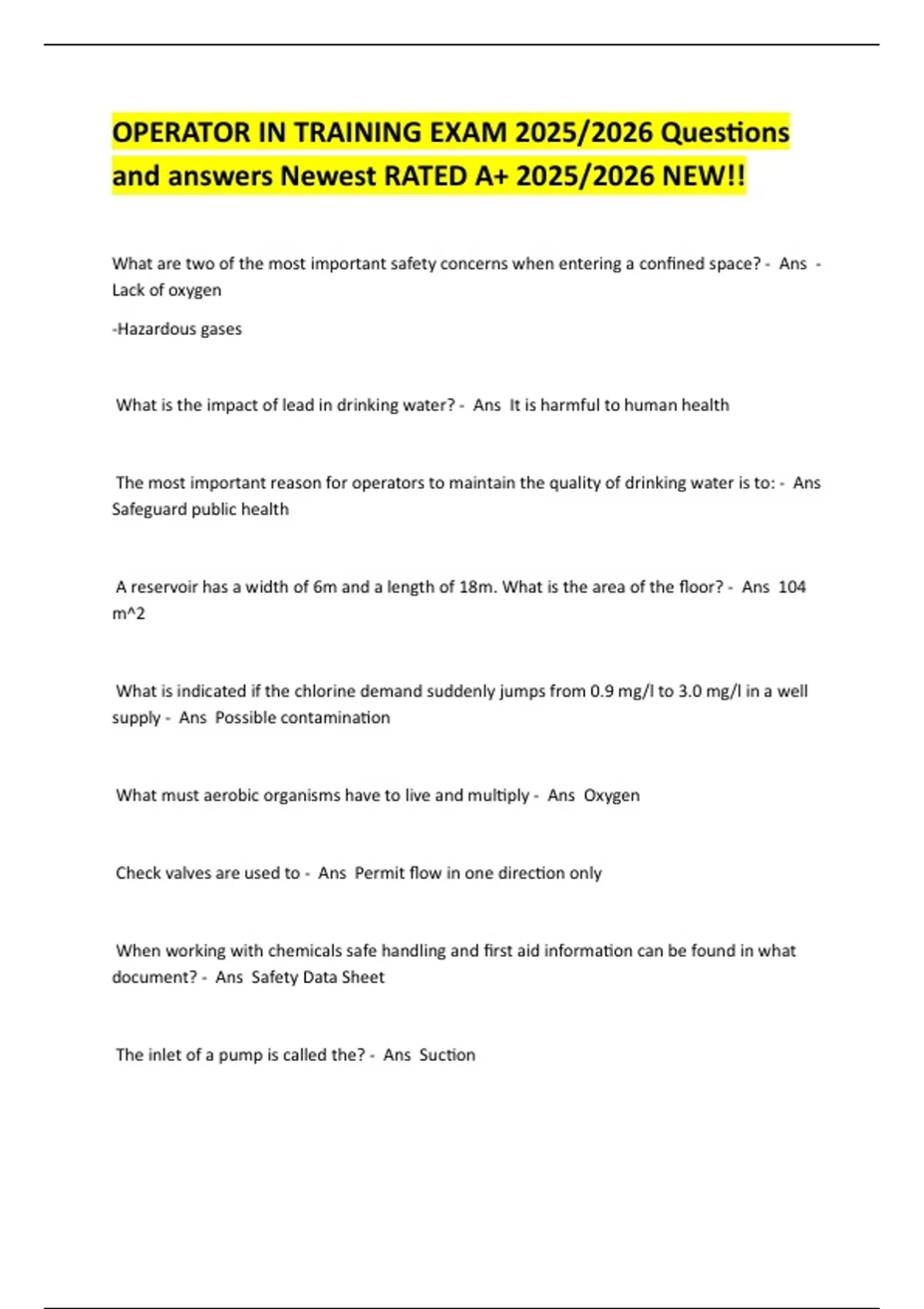 OPERATOR IN TRAINING EXAM 2025/2026 Questions and answers Newest RATED ...