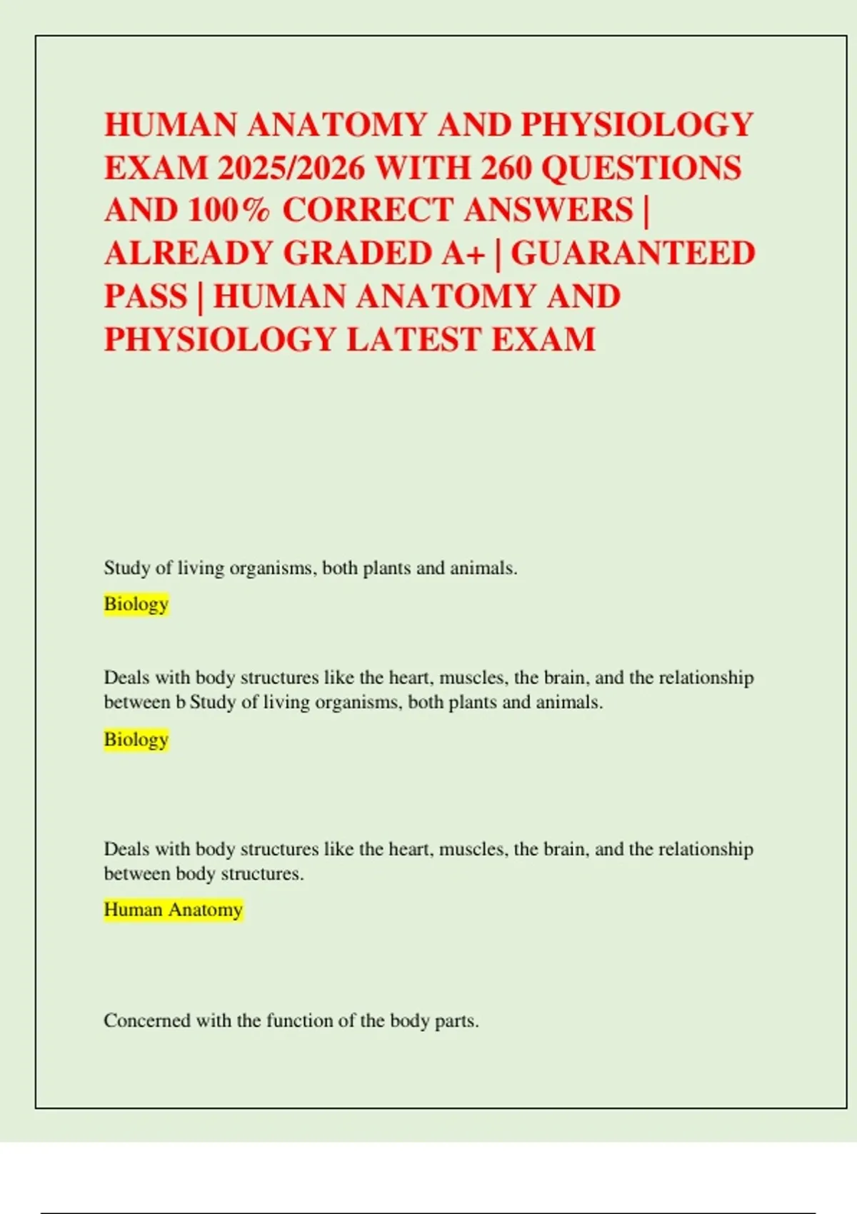 HUMAN ANATOMY AND PHYSIOLOGY EXAM 2025/2026 WITH 260 QUESTIONS AND 100% ...