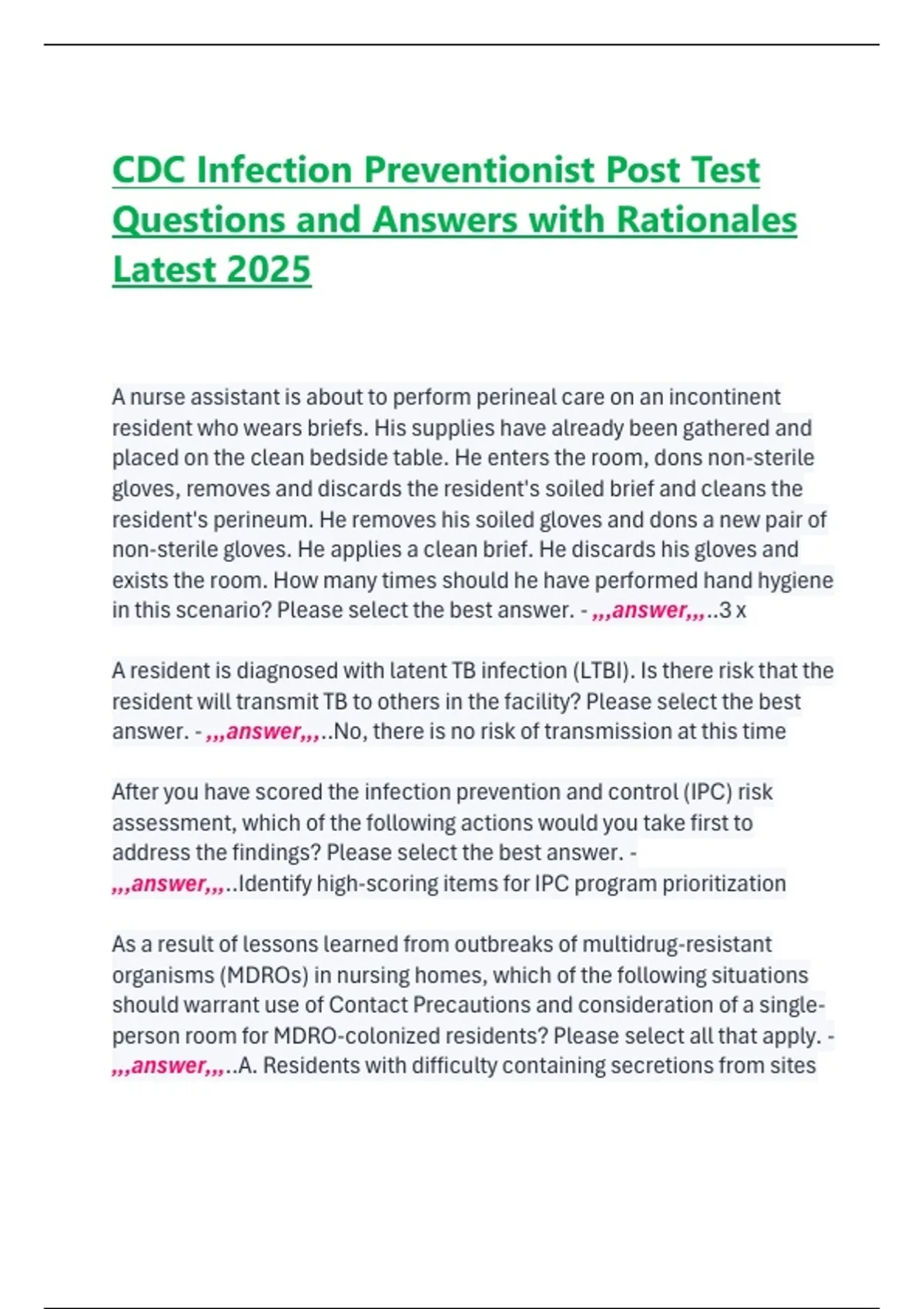 CDC Infection Preventionist Post Test Questions and Answers with ...