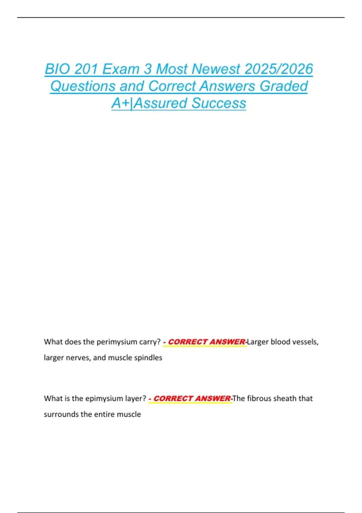 BIO 201 Exam 3 Most Newest 2025/2026 Questions and Correct Answers ...