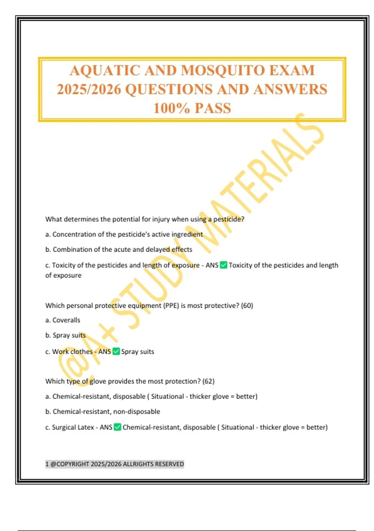 AQUATIC AND MOSQUITO EXAM 2025/2026 QUESTIONS AND ANSWERS 100% PASS ...