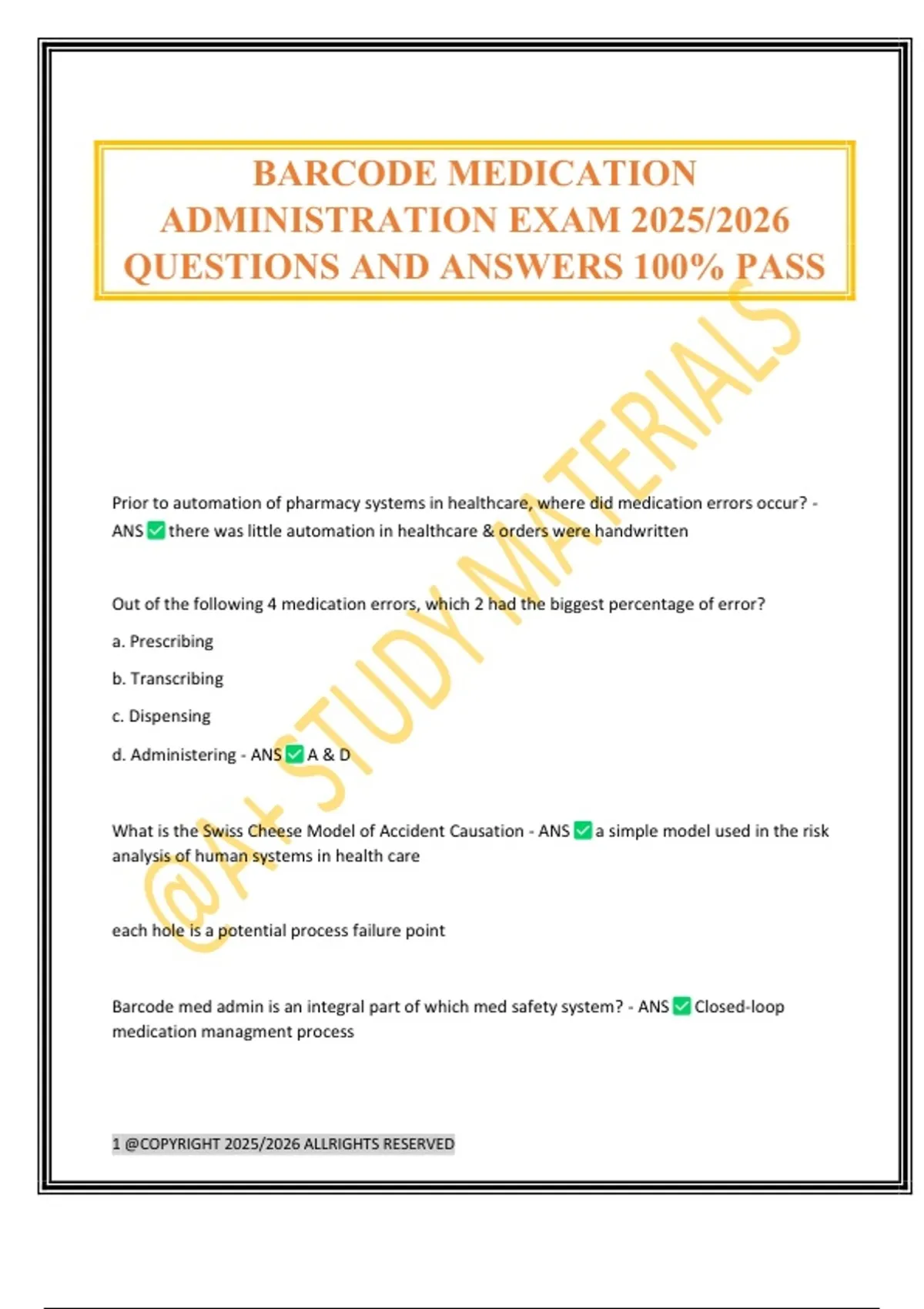 BARCODE MEDICATION ADMINISTRATION EXAM 2025/2026 QUESTIONS AND ANSWERS ...